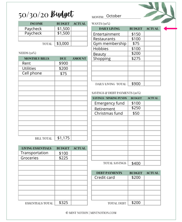 Printable 50 30 20 Budget Template Printable Templates