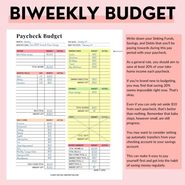How to Budget Biweekly Paychecks: Step-by-Step Guide - Mint Notion