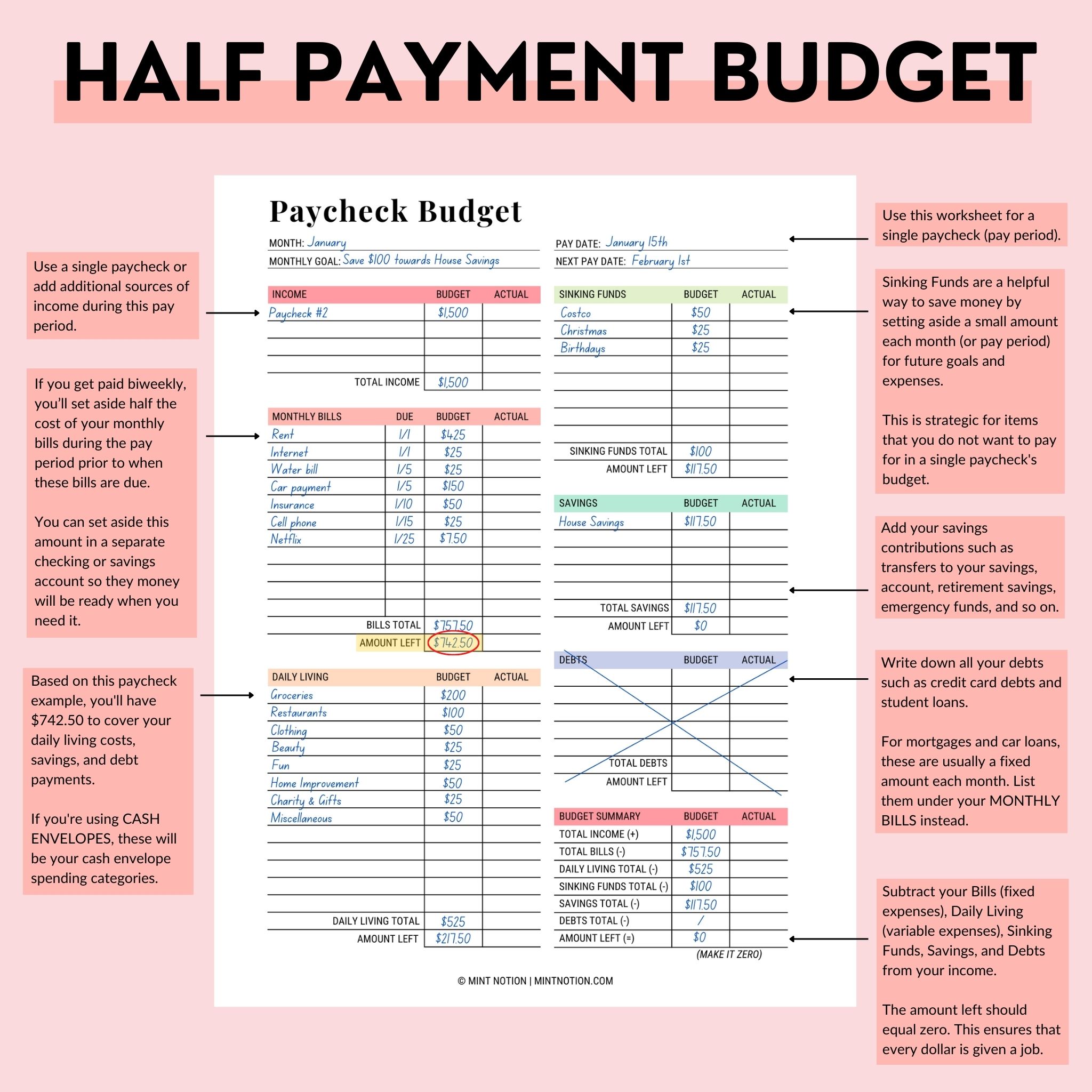 How to Start Using the Half Payment Method to Budget - Mint Notion